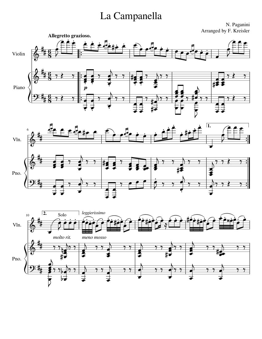 La Campanella, Op. 7 (Arr. Kreisler) Sheet Music for Piano, Violin (Solo) | MuseScore.com