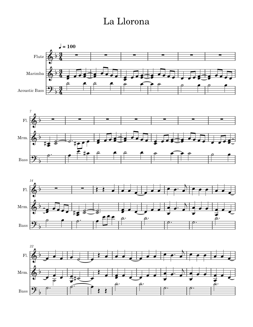 La Llorona – Mexican Folk Songs llorona Sheet music for Flute, Bass ...