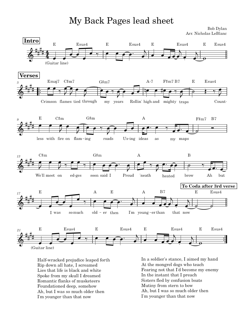 My Back Pages chord chart - piano tutorial