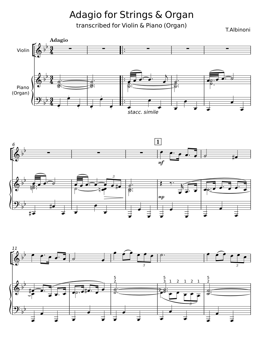 Adagio for Strings & Organ - T. Albioni Sheet Music for Piano, Violin ...
