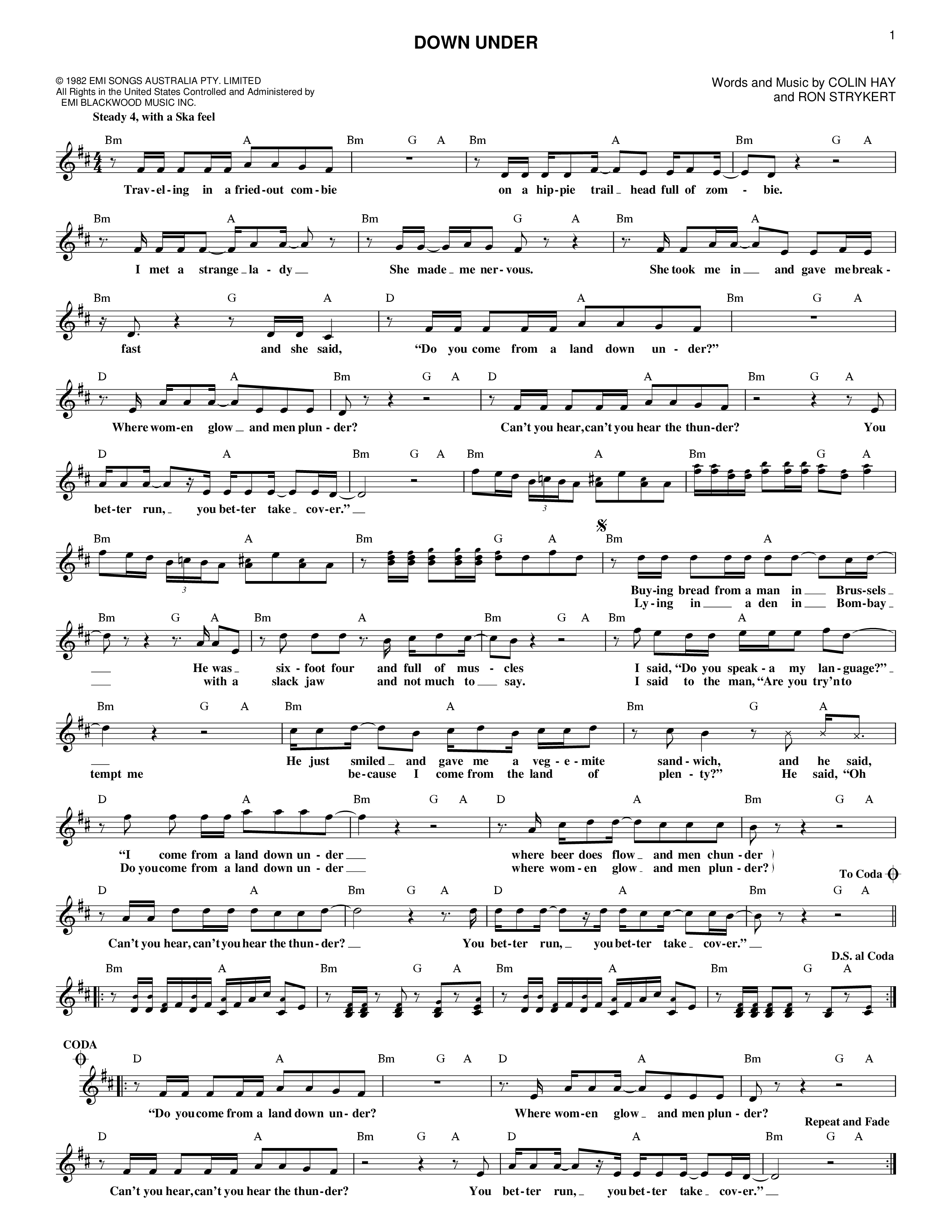 Play Official version of Down under sheet music by Men at Work for ...