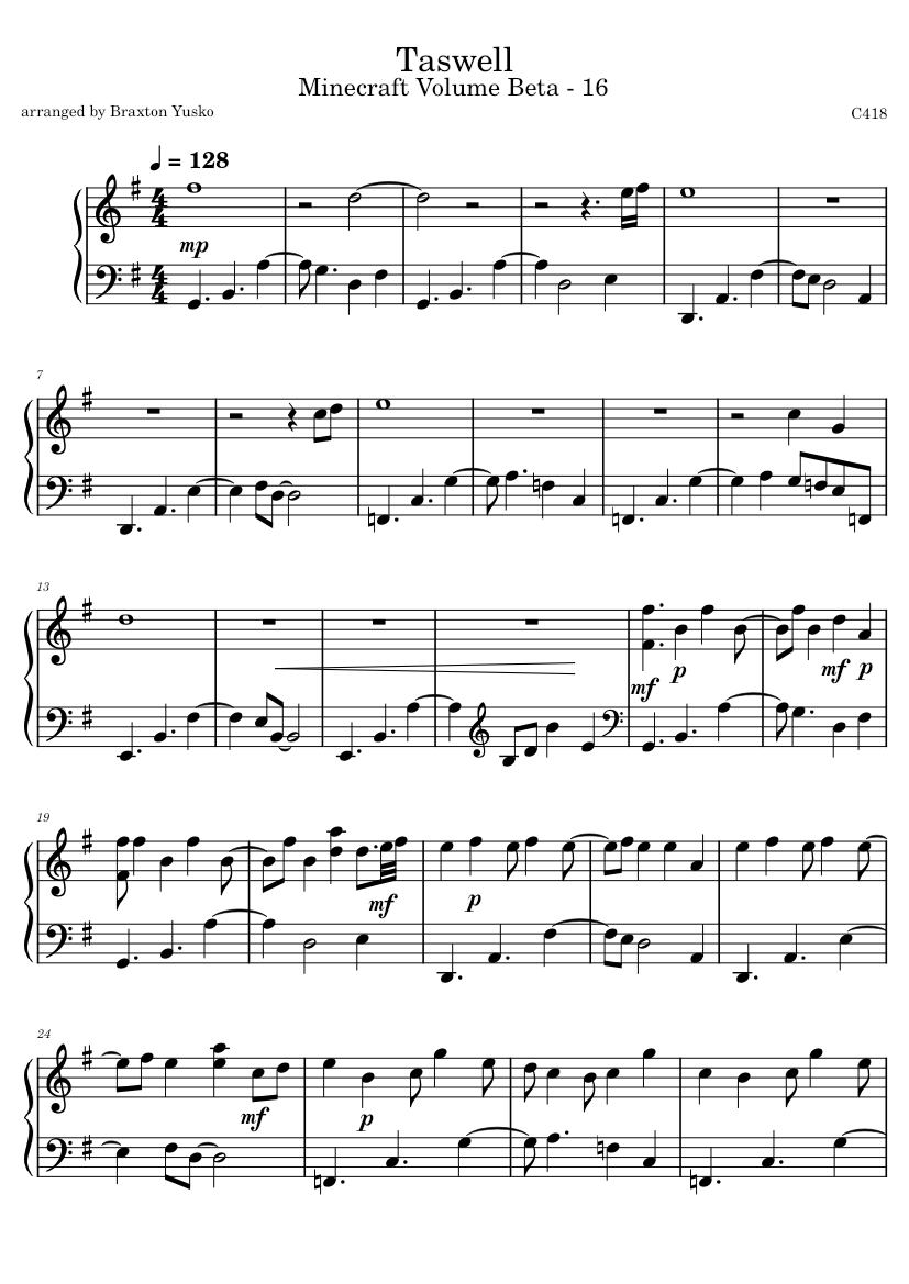 Taswell – C418 (Minecraft Volume Beta) Sheet Music for Piano (Solo ...