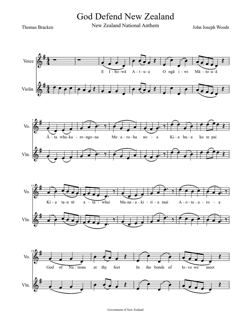 God Defend New Zealand Sheet music for Violin, Voice (other) (Mixed ...