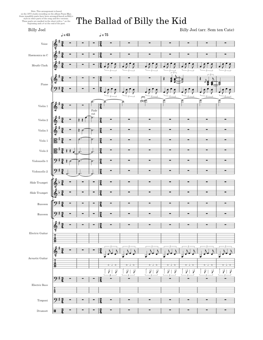 The Ballad of Billy the Kid – Billy Joel Studio Version Arrangement Sheet music for Piano ...