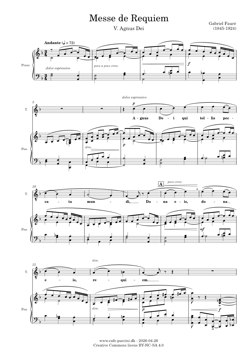 Messe de Requiem, op. 48, V. Agnus Dei – Gabriel Fauré Sheet music for ...