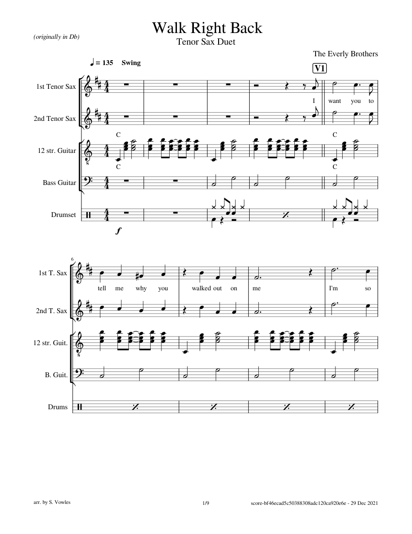 Walk Right Back - a T-sax duet Sheet music for Saxophone tenor, Guitar ...