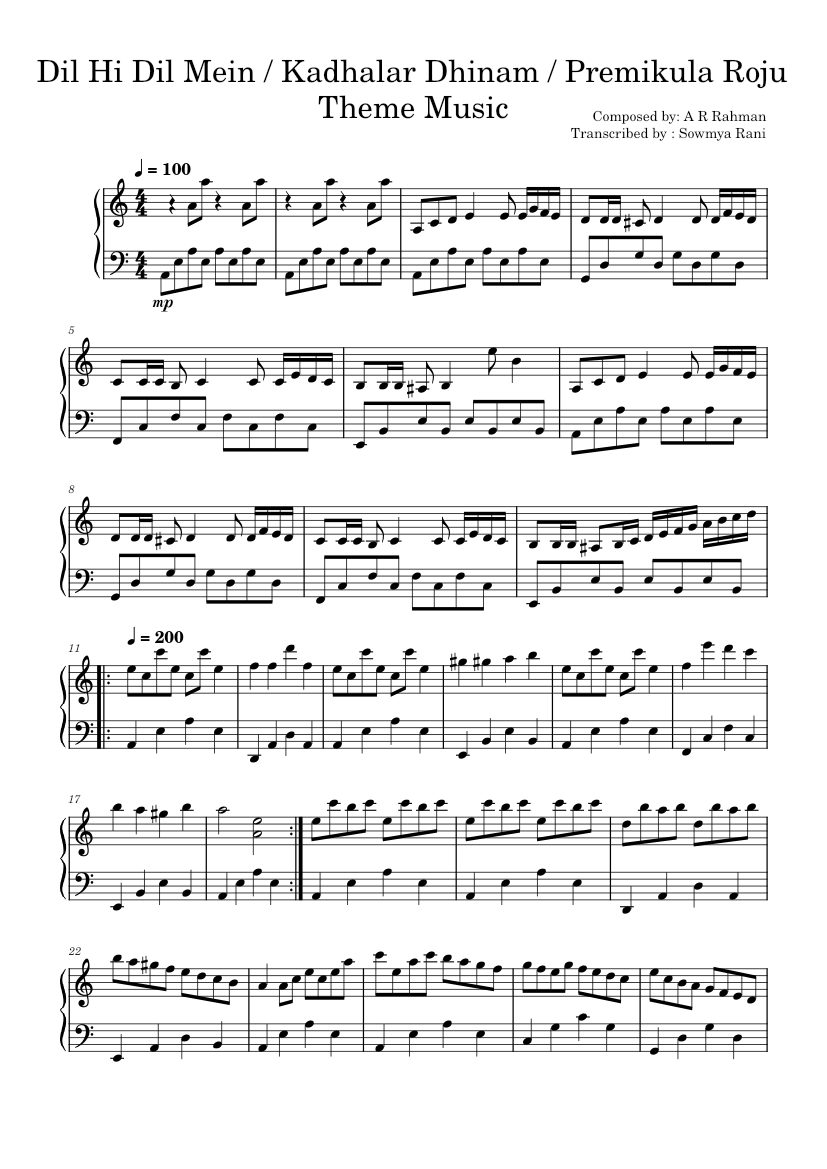 Dil Hi Dil Mein / Kadhalar Dhinam / Premikula Roju Theme Music Sheet ...
