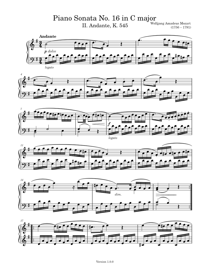 [II. Andante] Piano Sonata No. 16 in C major, K. 545 – W. A. Mozart ...