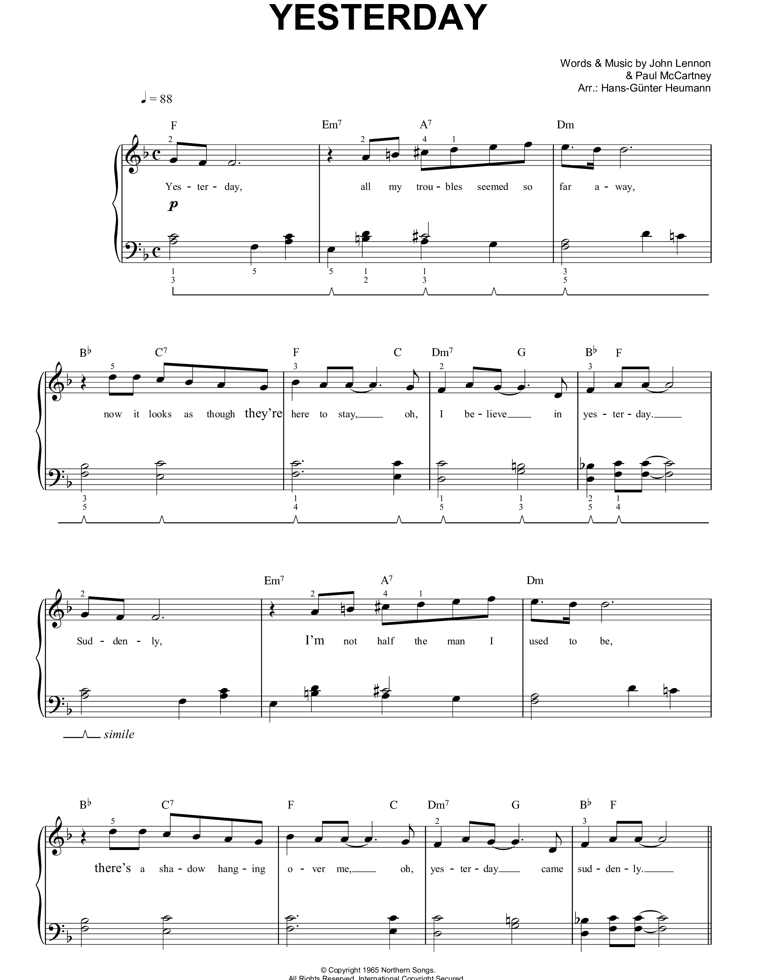 Play Official version of Yesterday Sheet Music by The Beatles for Piano ...