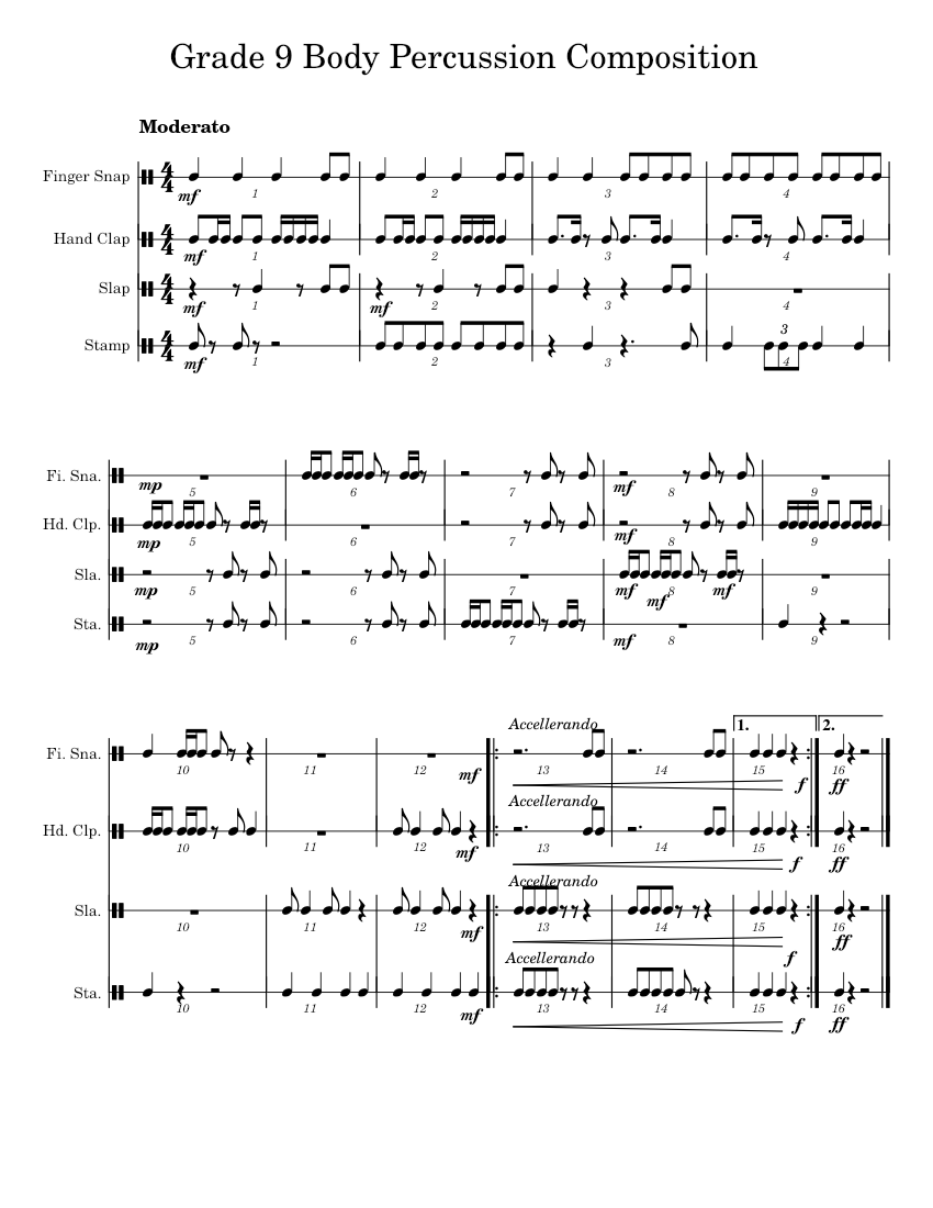 Grade 9 Body Percussion Composition Sheet music for Hand Clap, Stamp ...