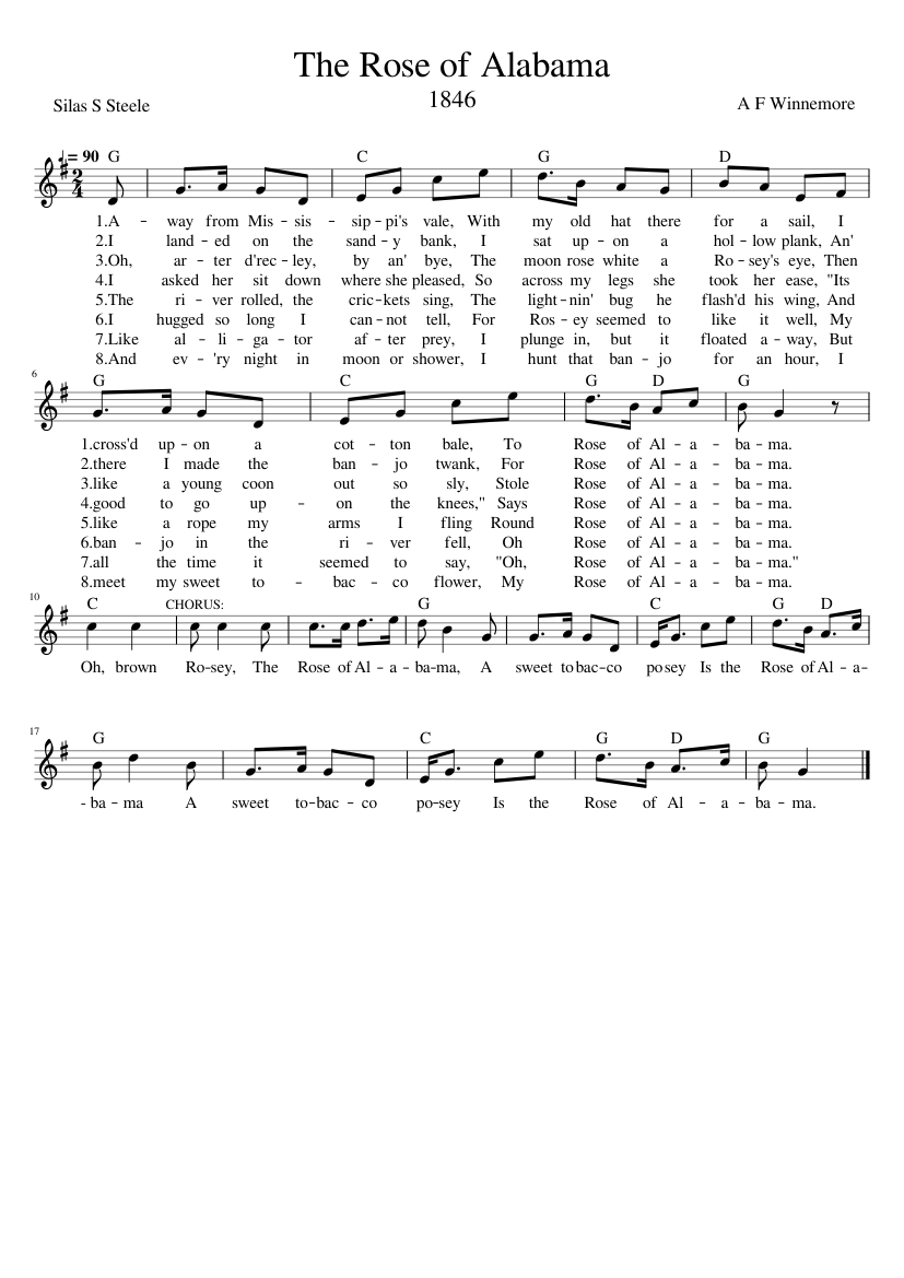 The Rose of Alabama Sheet Music with Chords for Piano (Solo ...