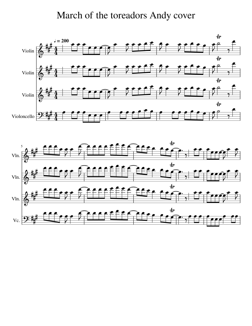 March of the toreadors Sheet music for Violin, Cello (Mixed Quartet ...