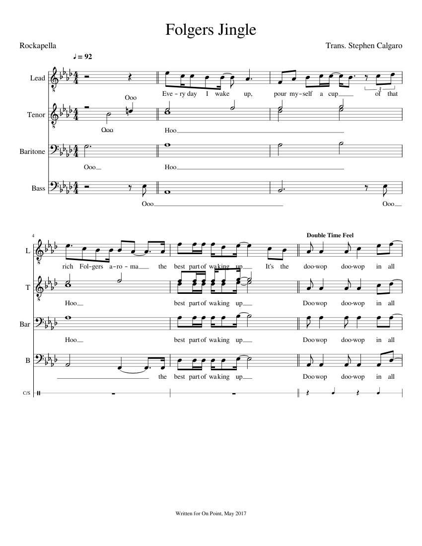 Folgers Jingle - Rockapella (TTBB) Sheet music for Piano, Hand clap ...
