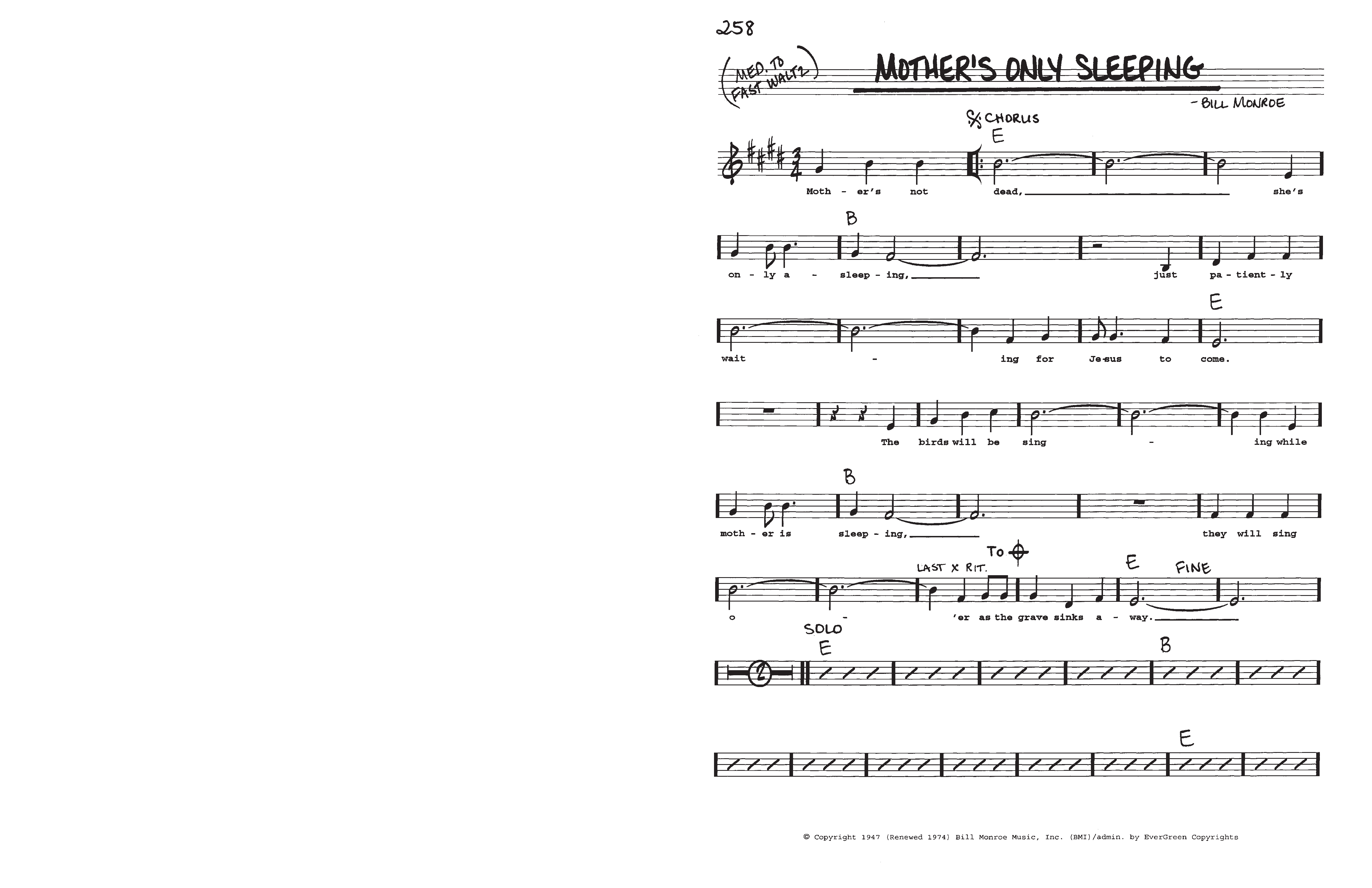 Mother's Only Sleeping Sheet music for Piano, Vocals by Bill Monroe ...