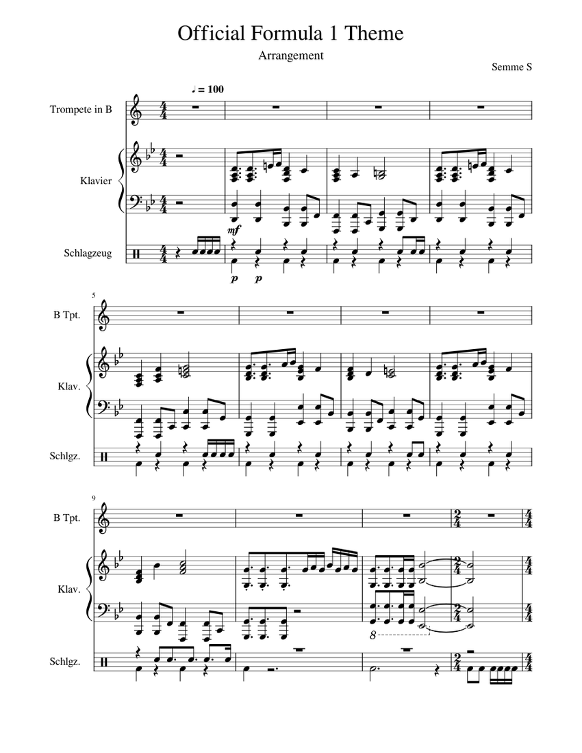 F 1 Theme by B. Tyler Sheet music for Piano, Trumpet in b-flat, Drum ...
