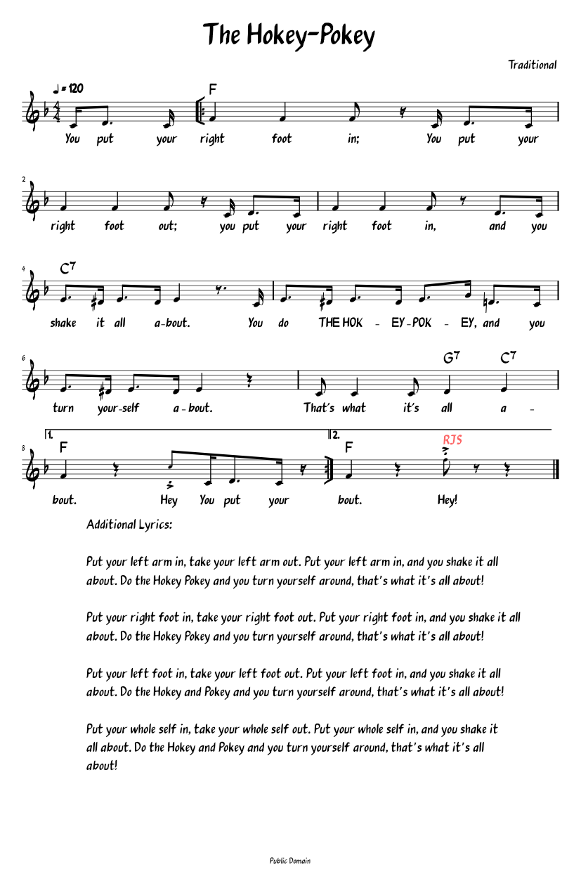 The Hokey-Pokey (Lead sheet with lyrics ) Sheet Music with Chords for ...