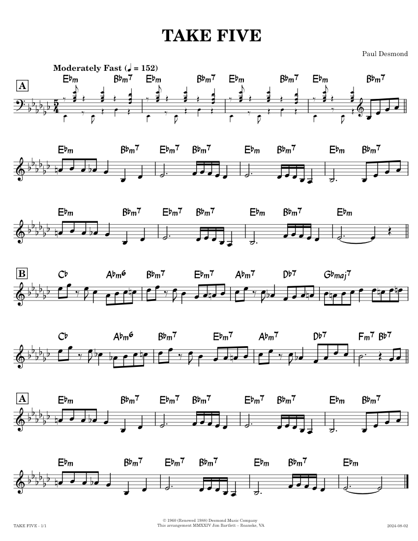 Take Five [lead sheet] – Paul Desmond Sheet Music for Piano (Solo) Easy ...