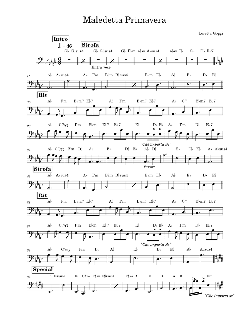 Maledetta primavera – Loretta Goggi (Guida basso) Sheet music for Bass guitar (Solo) | Musescore.com