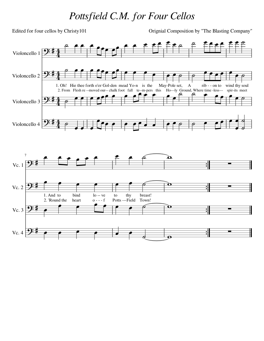 Pottsfield C.M. for Four Cellos - Over the Garden Wall Sheet music for ...