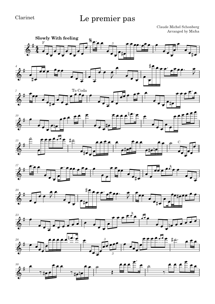 Le Premier Pas by Claude-Michel Schonberg for Clarinet Sheet music for ...