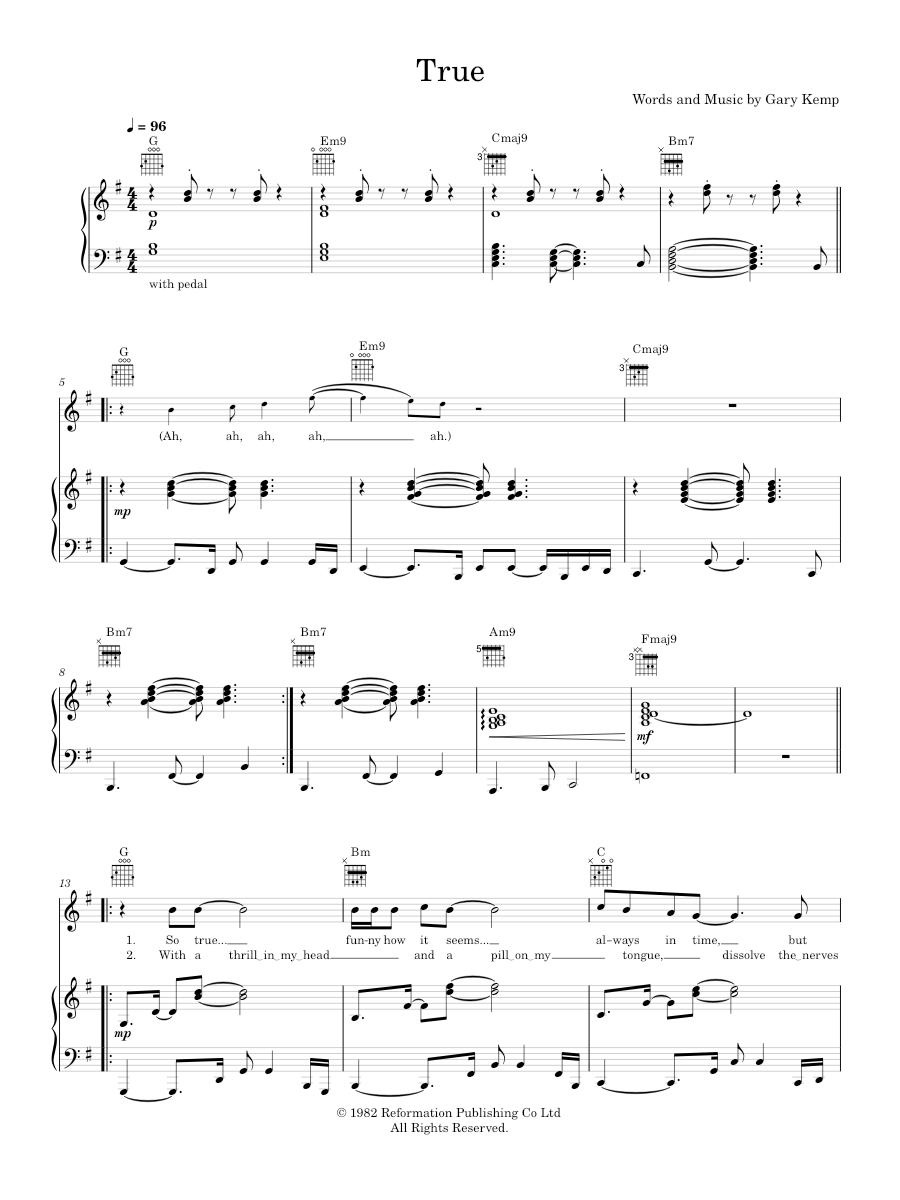 Play Official version of True Sheet Music by Spandau Ballet for Piano ...