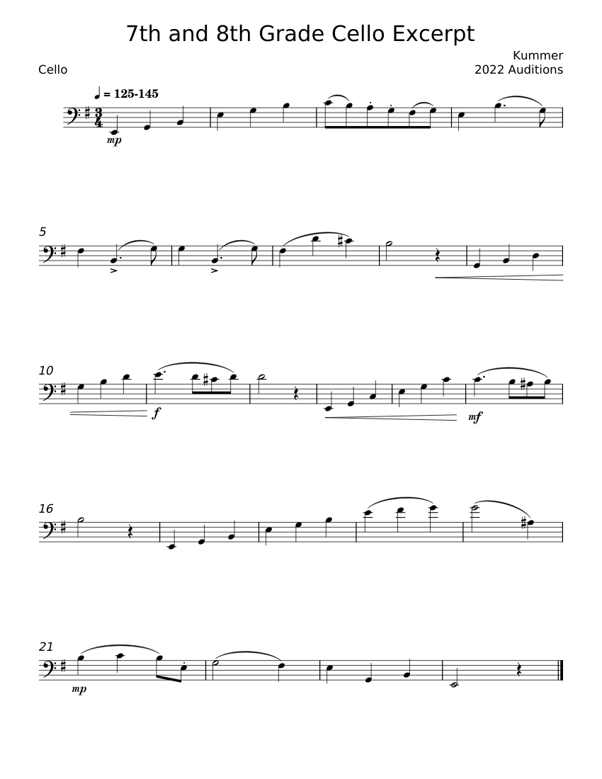 7th and 8th Grade Cello Excerpt – Kummer Sheet music for Cello (Solo ...