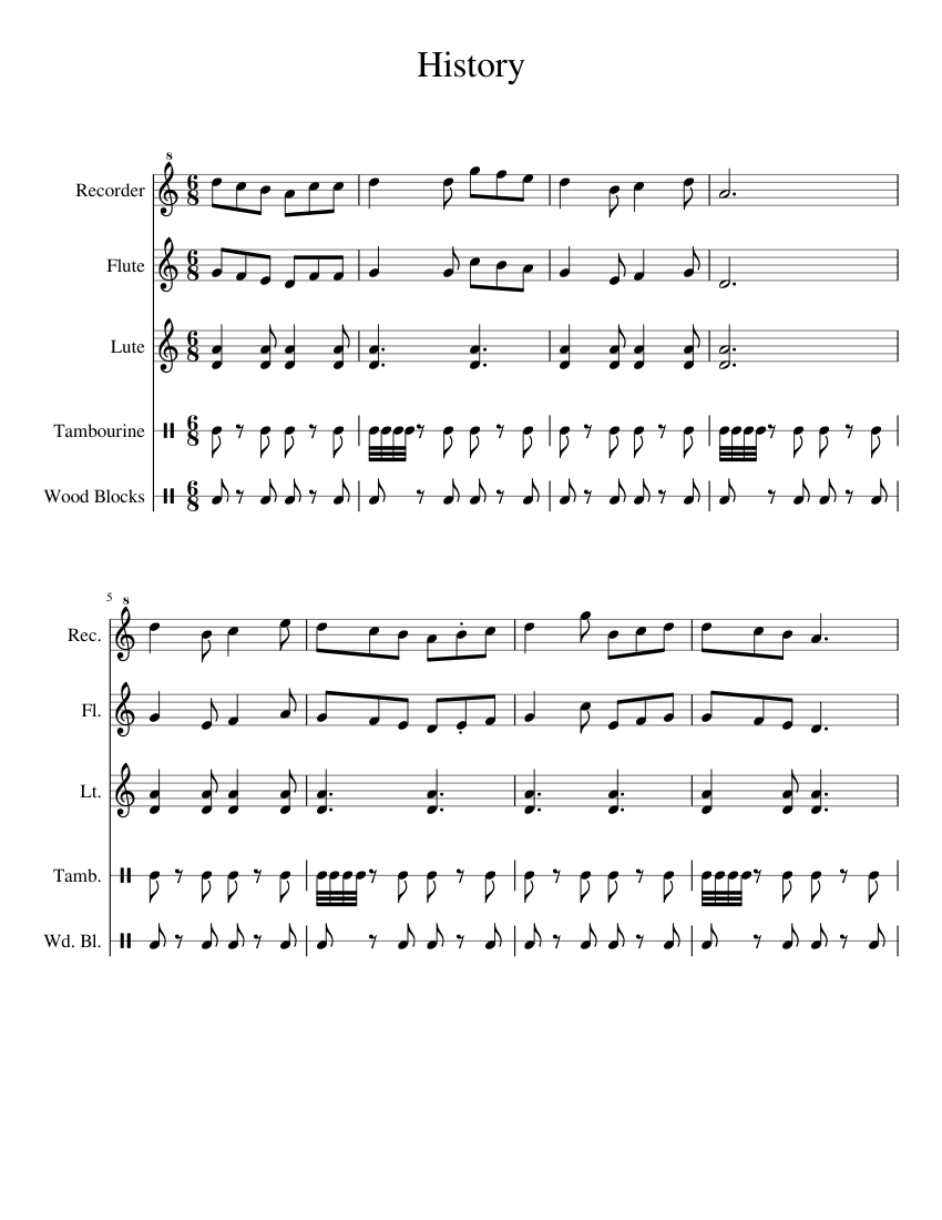 Medieval Song Sheet music for Tambourine, Flute, Recorder, Woodblock ...