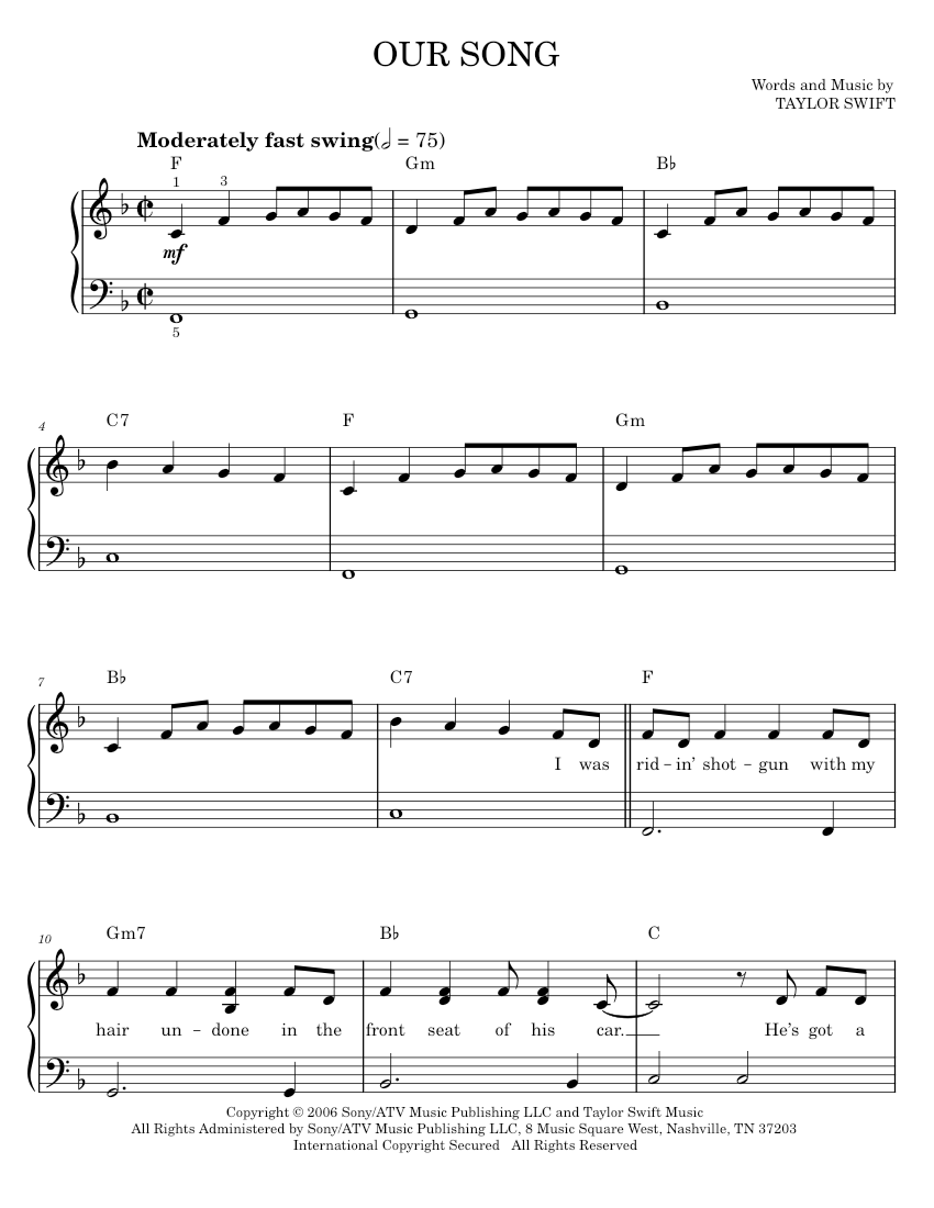 Play Official version of Our song Sheet Music by Taylor Swift for Piano ...