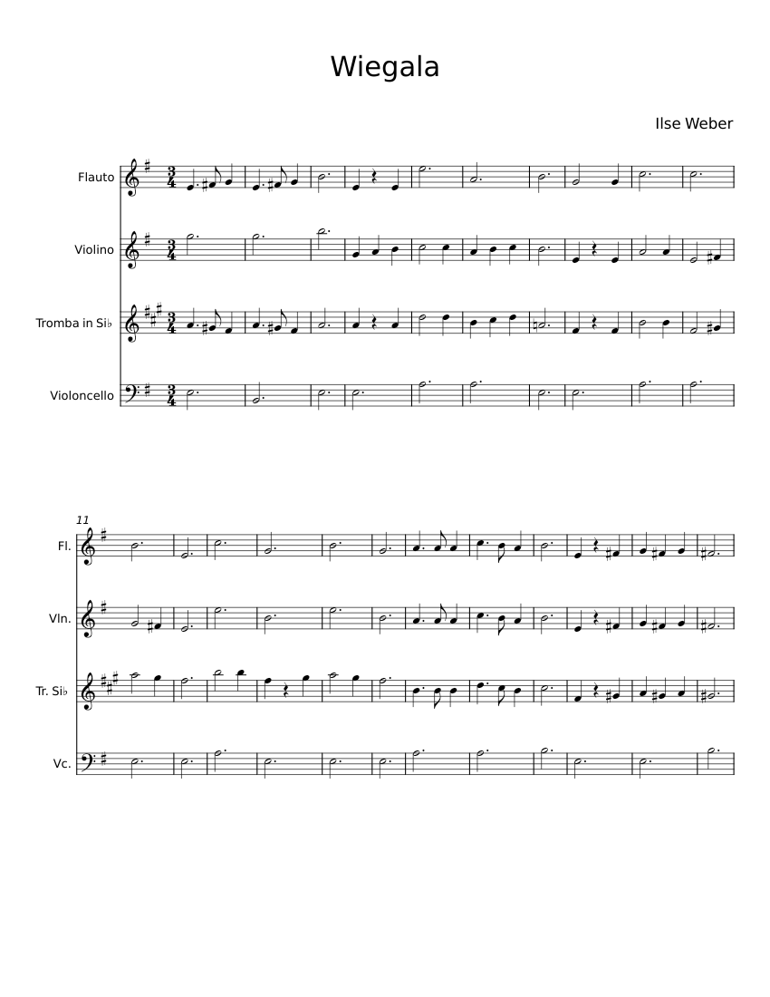 Wiegala - Ilse Weber Sheet Music for Flute, Violin, Cello, Trumpet ...