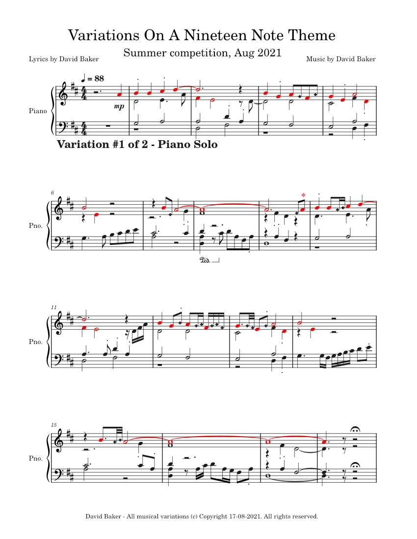 Variations On A Nineteen Note Theme Sheet music for Piano, Bass guitar ...