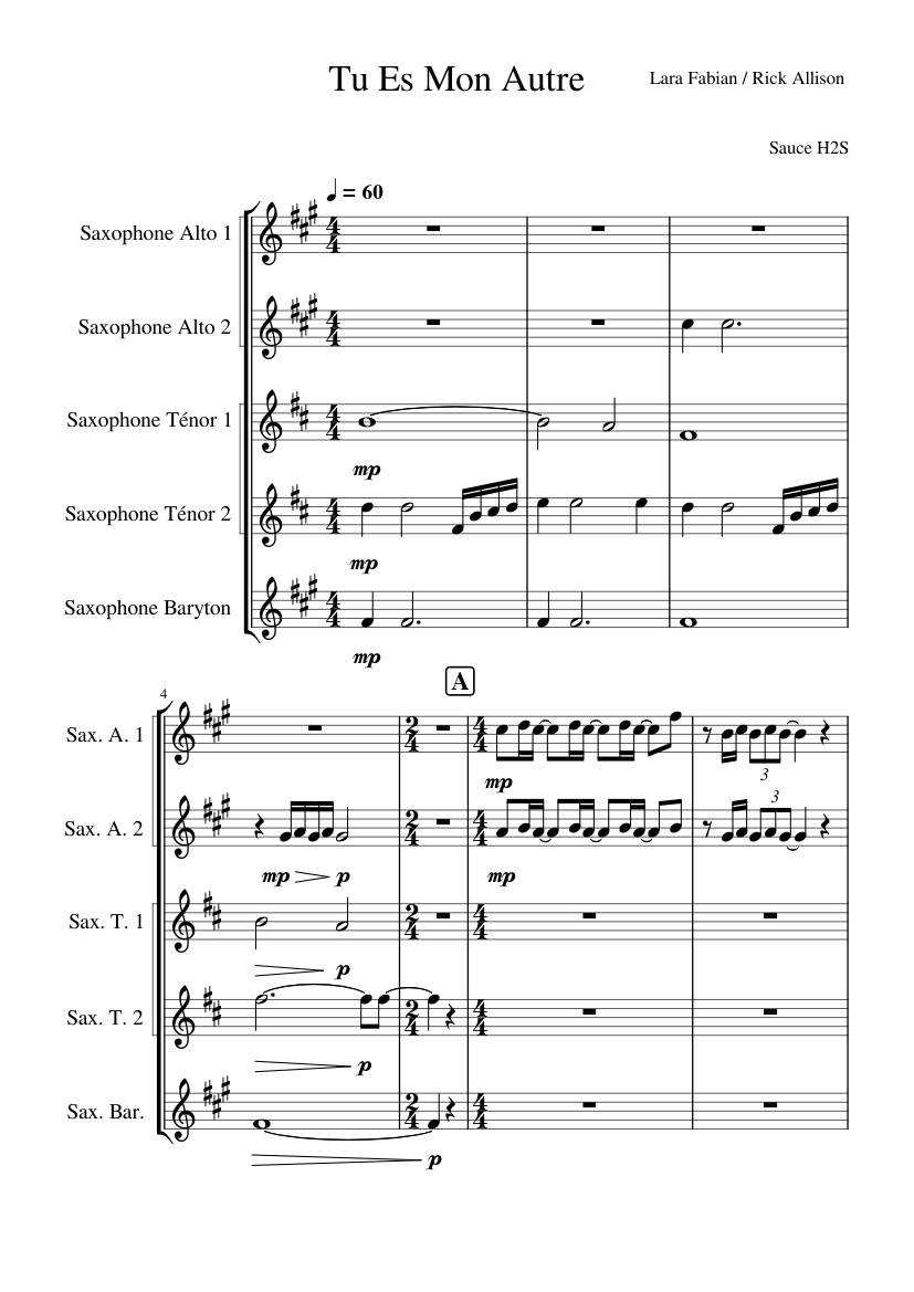 Tu Es Mon Autre - Lara Fabian - pour sax AATTB Sheet Music for ...
