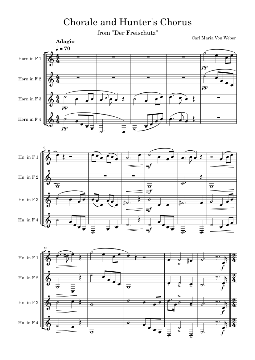 Der Freischütz - Chorale and Hunter's Chorus for Horn Quartet Sheet music for French horn (Brass ...