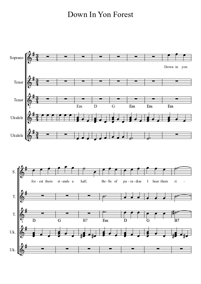 Down In Yon Forest Sheet music for Soprano, Tenor, Ukulele (Mixed Quintet) | Musescore.com