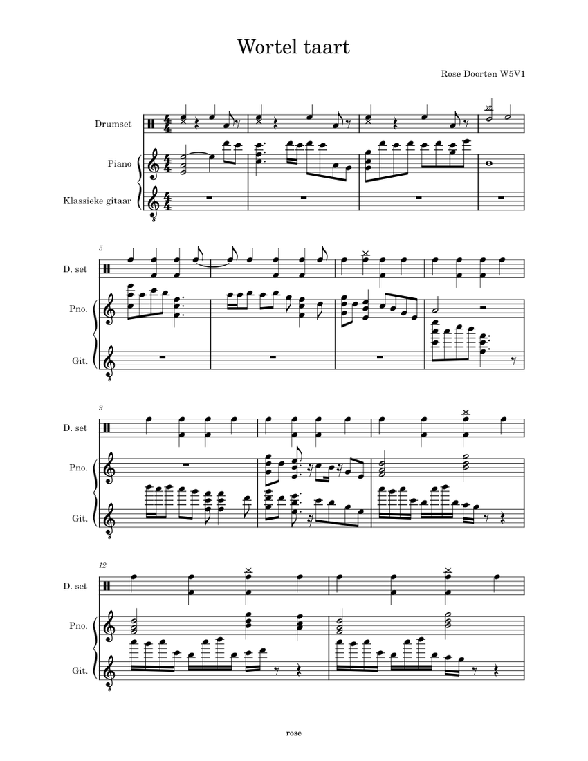 Sheetmusic Rose Sheet music for Piano, Guitar, Drum group (Mixed ...