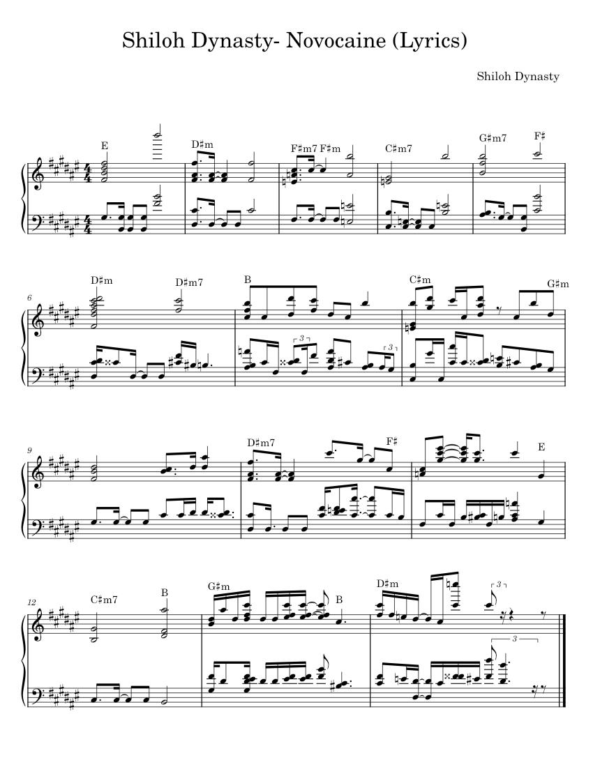 Novocaine - Shiloh Dynasty Sheet Music with Chords for Piano (Solo) | MuseScore.com
