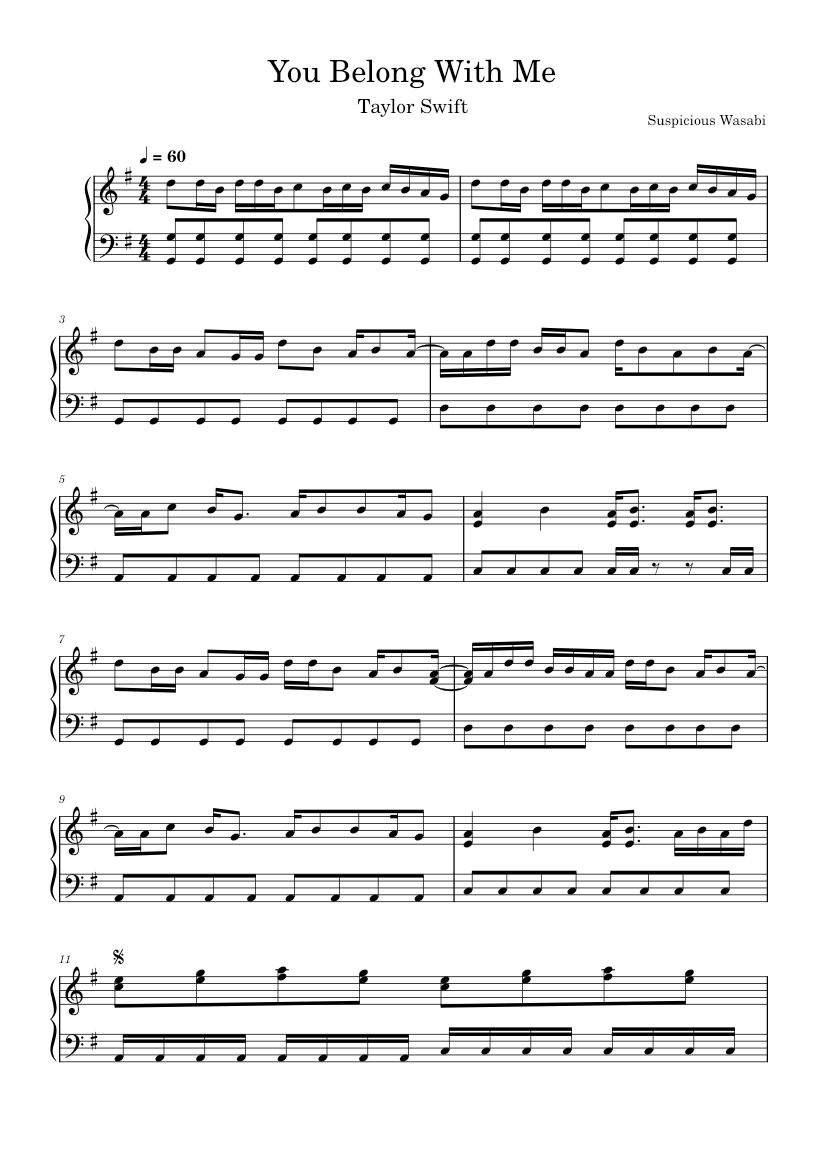 You Belong With Me - Taylor Swift Sheet Music for Piano (Solo ...