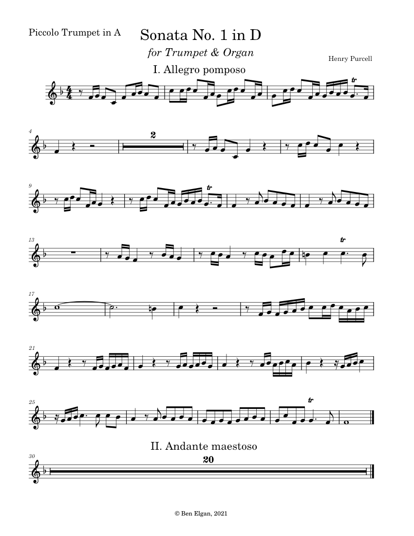 Purcell Sonata, Piccolo Trumpet in A Sheet music for Trumpet piccolo ...