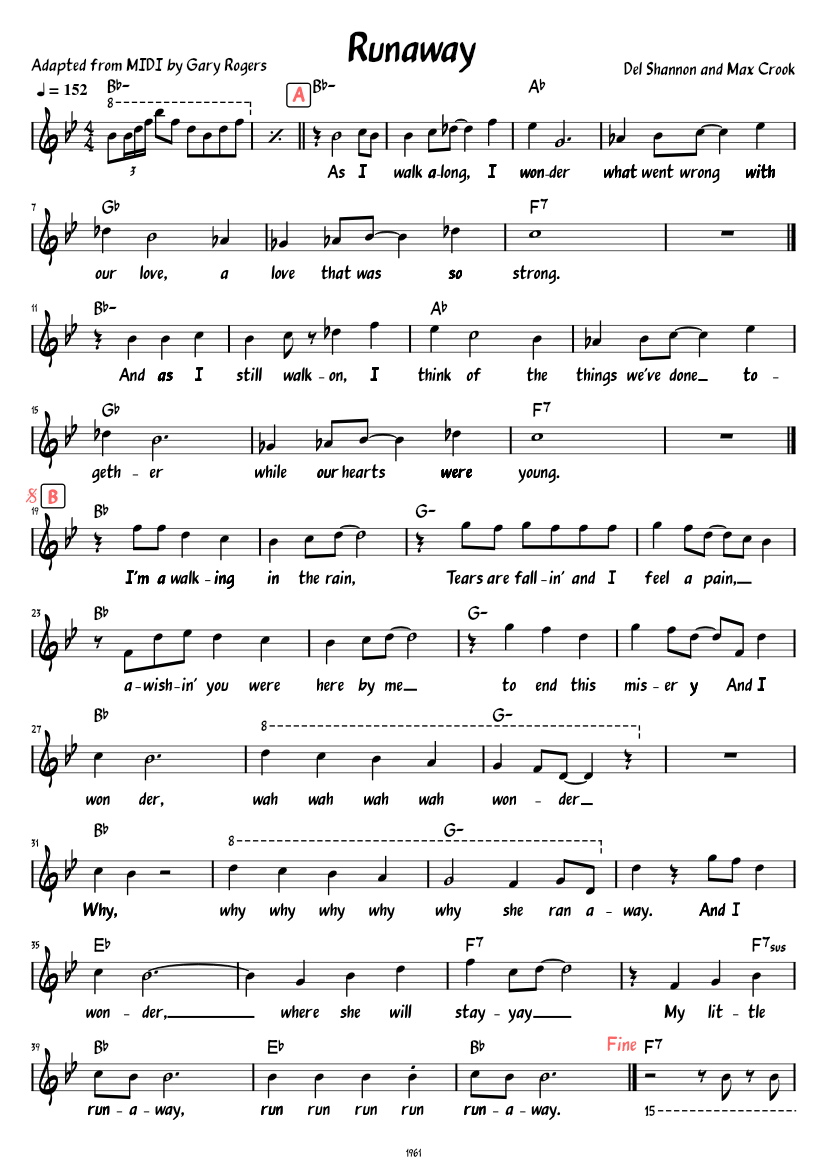 Runaway (Del Shannon) (Lead sheet with lyrics and accompaniment ) Sheet ...