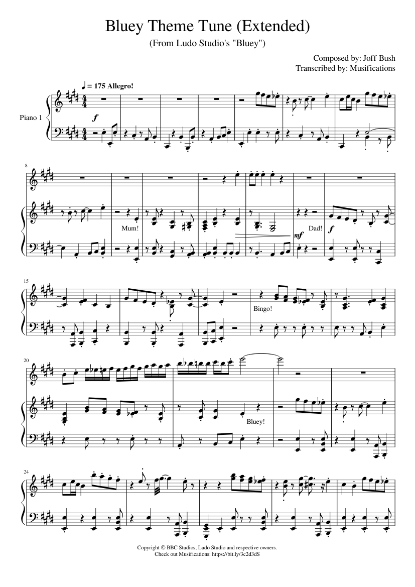 Bluey Theme Tune (Extended)! (From Ludo Studio's "Bluey") Sheet music ...