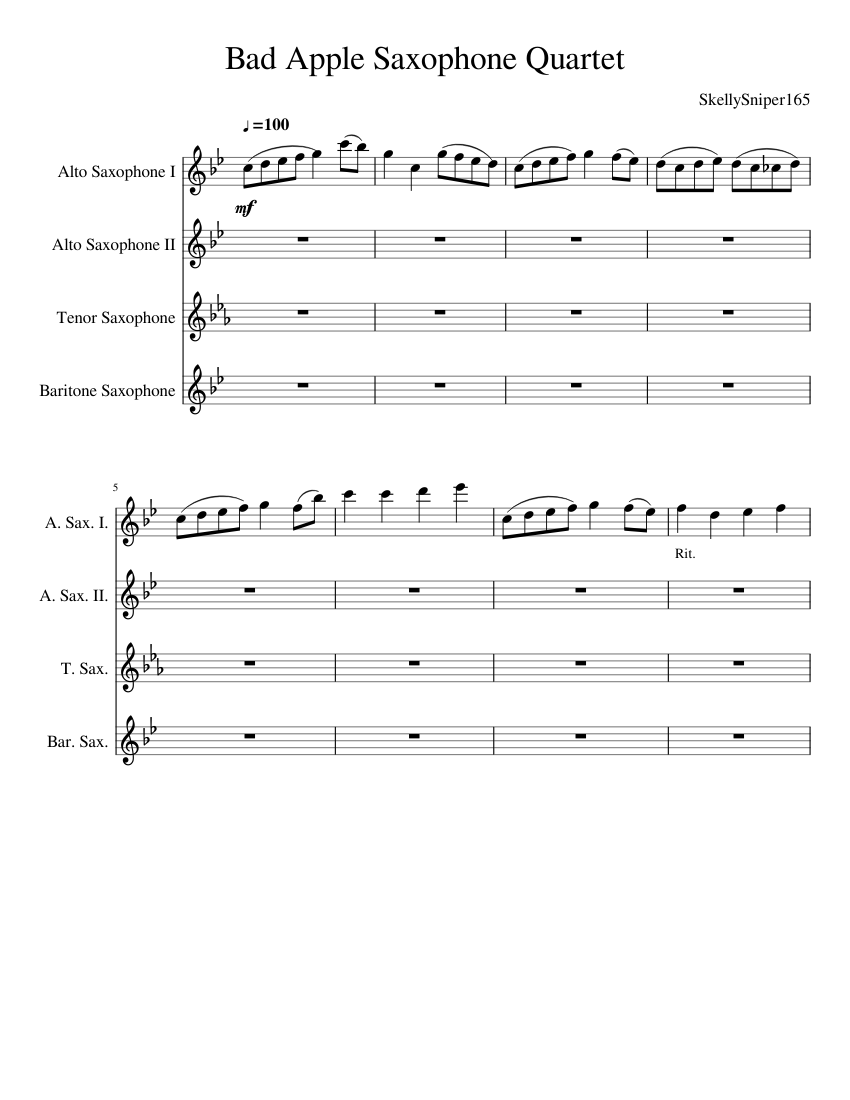 Bad Apple Saxophone Quartet Sheet Music for Saxophone alto, Saxophone ...