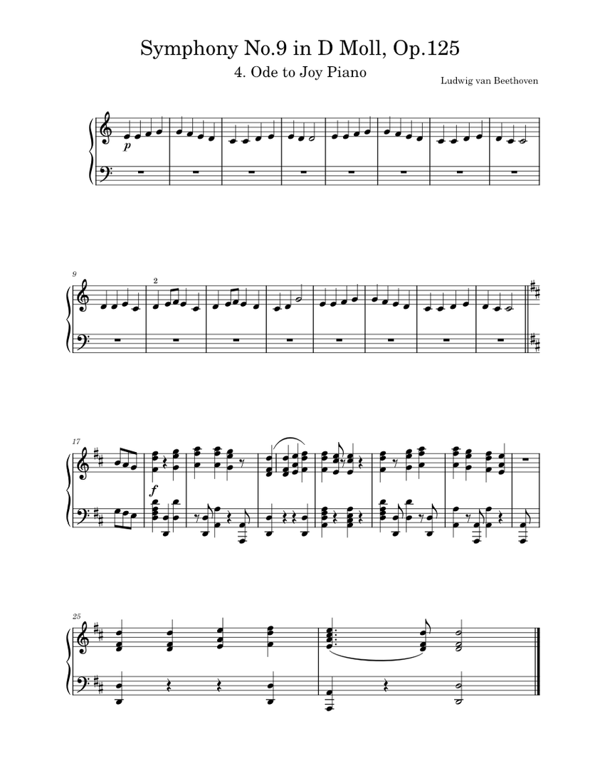 Ode To Joy – Ludwig van Beethoven Symphony No.9 in D Moll, Op.125 Piano ...