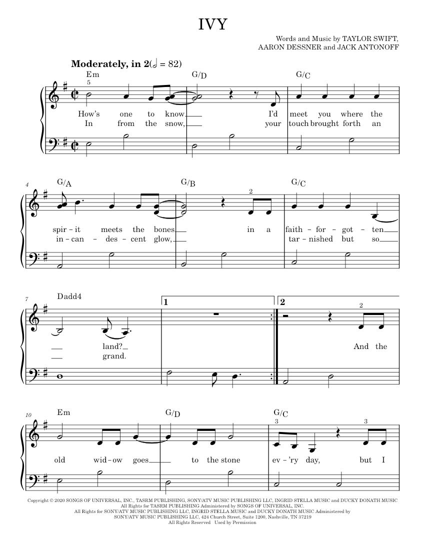 Play Official version of Ivy Sheet Music by Taylor Swift for Piano ...