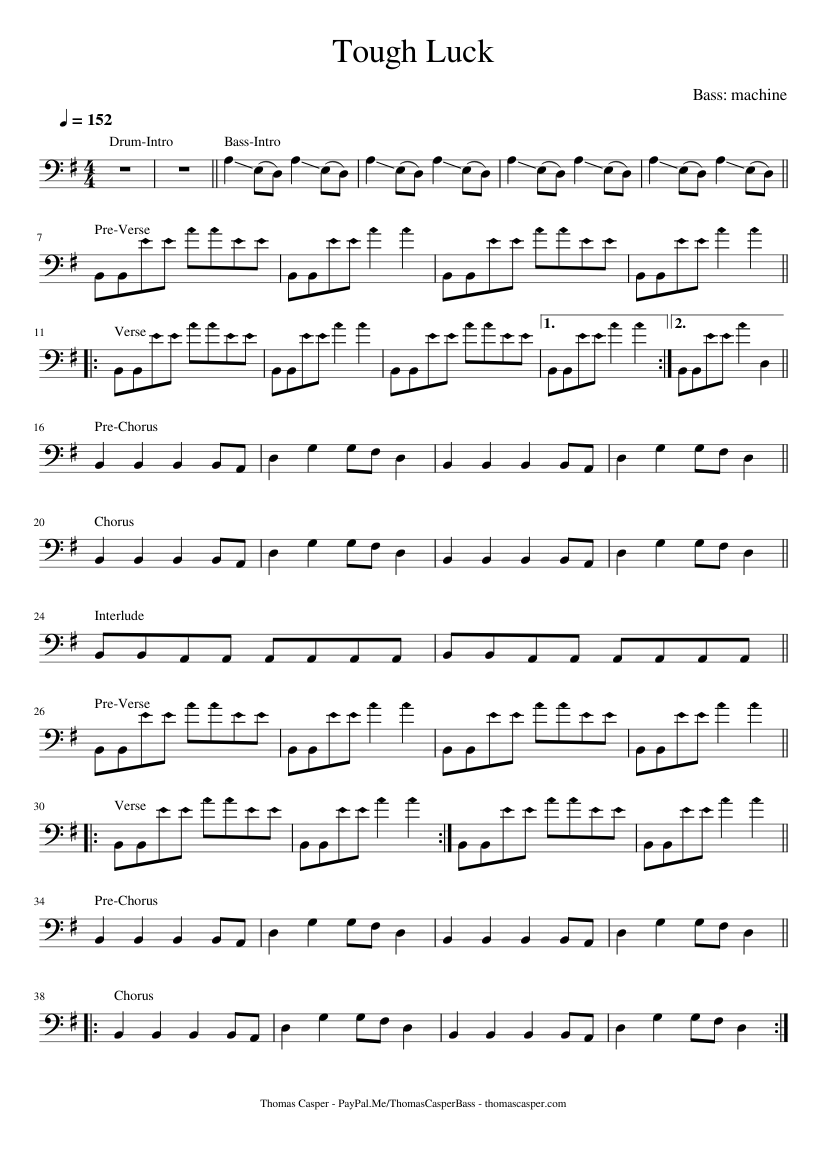 Tough Luck - Bass Transcription Sheet Music for Bass guitar (Solo ...