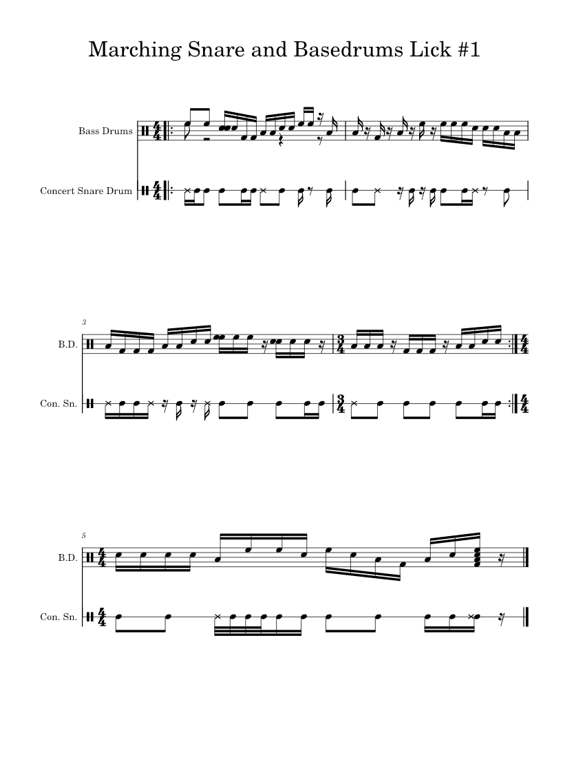 Marching Snare and Basedrums Lick #1 Sheet music for Snare drum, Bass drum (Marching Band ...