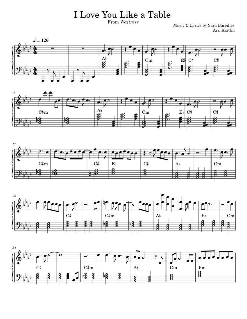I Love You Like a Table - Waitress Sheet music for Piano (Solo) Easy ...