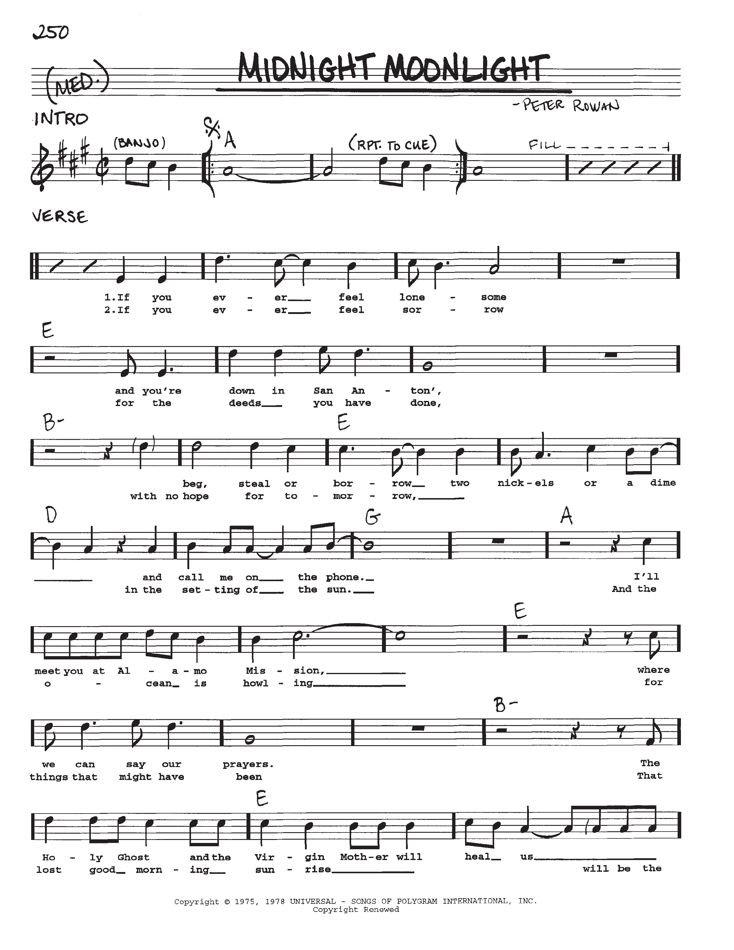 Play Official version of Midnight moonlight sheet music by Peter Rowan ...