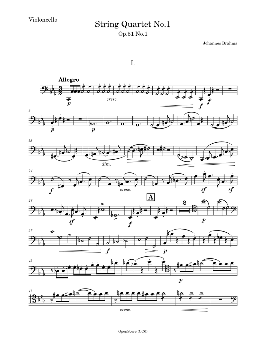 Brahms, Johannes - String Quartet No.1, Op.51, No.1 – Cello PART Sheet music for Cello (String ...