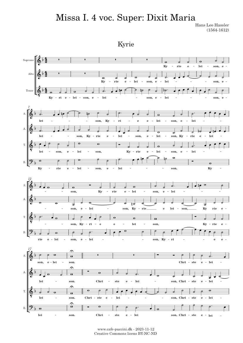 Missa I. 4 voc. Super: Dixit Maria – Hans Leo Hassler Sheet music for Soprano, Alto, Tenor, Bass ...