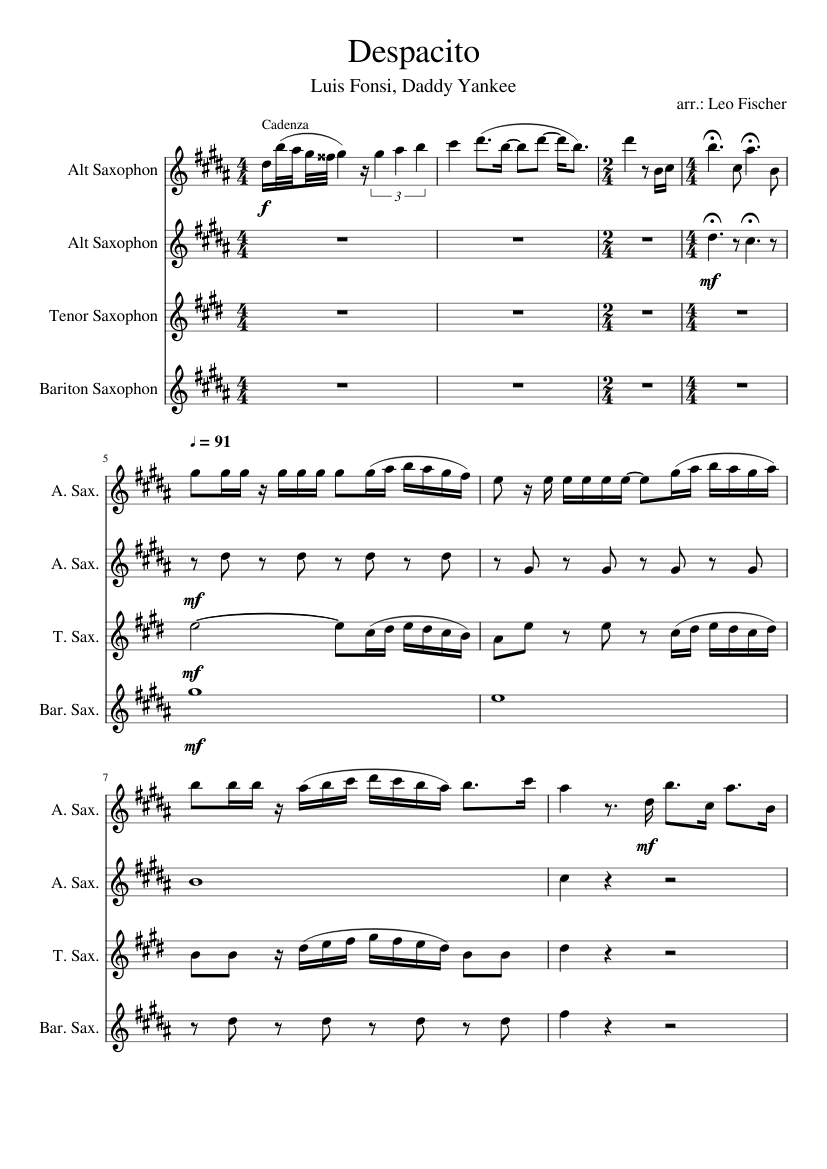 Despacito AATB Saxophone Quartet Sheet Music for Saxophone alto ...