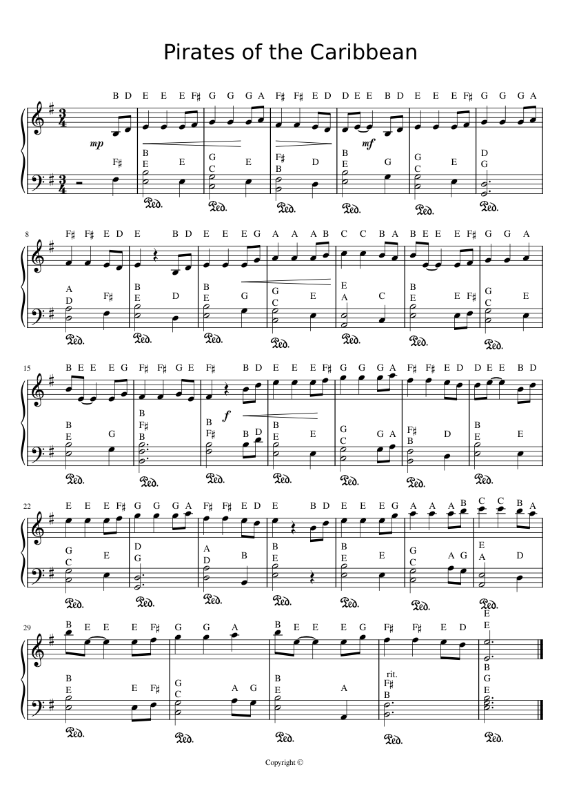 Pirates of the Caribbean - EASY PIANO Sheet Music for Piano (Solo ...